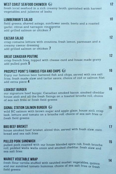 Menu at Prospect Point Bar & Grill, Vancouver