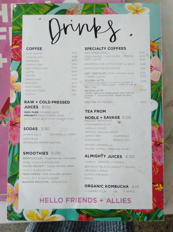 Menu at Hello Friends + Allies cafe, Auckland