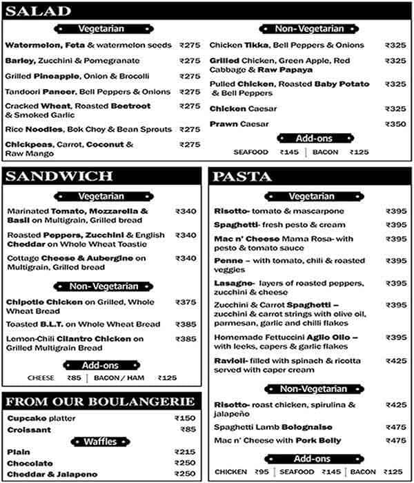 Menu at Ciclo Cafe, Bengaluru