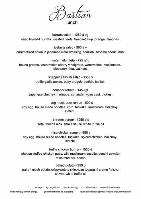 Menu at Bastian, Worli, Mumbai