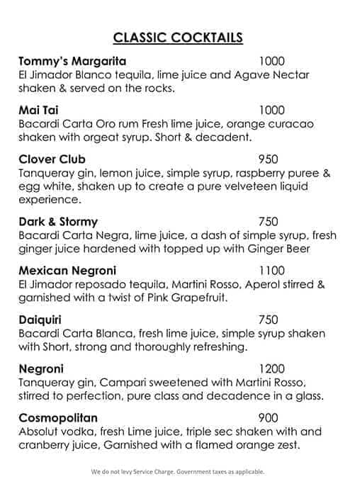 Menu at Bastian, Worli, Mumbai