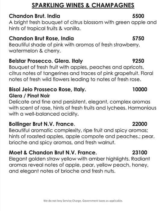 Menu at Bastian, Worli, Mumbai