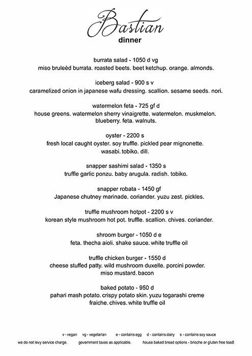 Menu at Bastian, Worli, Mumbai