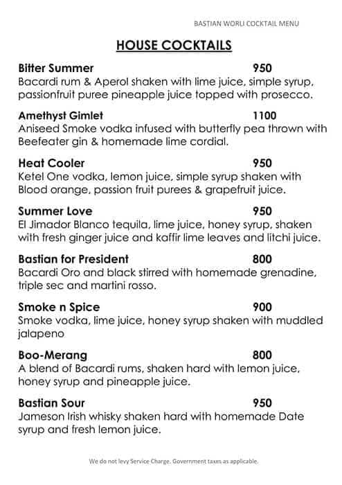 Menu at Bastian, Worli, Mumbai