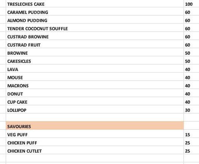 Menu at Cake Hut, Angamaly, SH 1