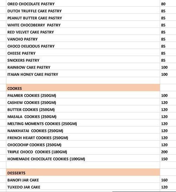 Menu at Cake Hut, Angamaly, SH 1