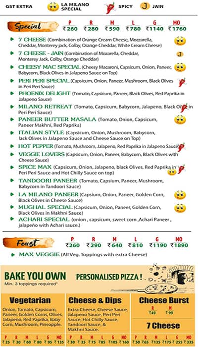 Menu at La Milano Pizzeria, Vadodara, Multiplex