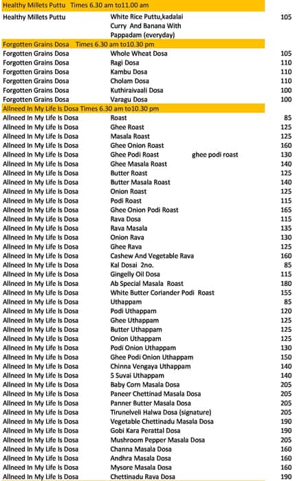 Menu at Nagerkovil Arya Bhavan, Coimbatore