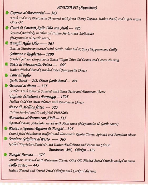 Menu of Bologna, Whitefield, Bangalore