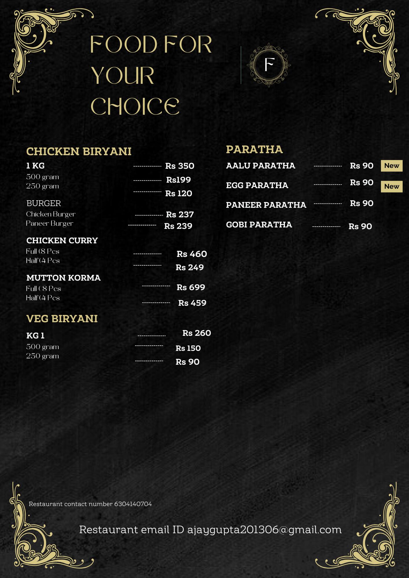 Menu of Food For Your Choice, Salarpura, Noida