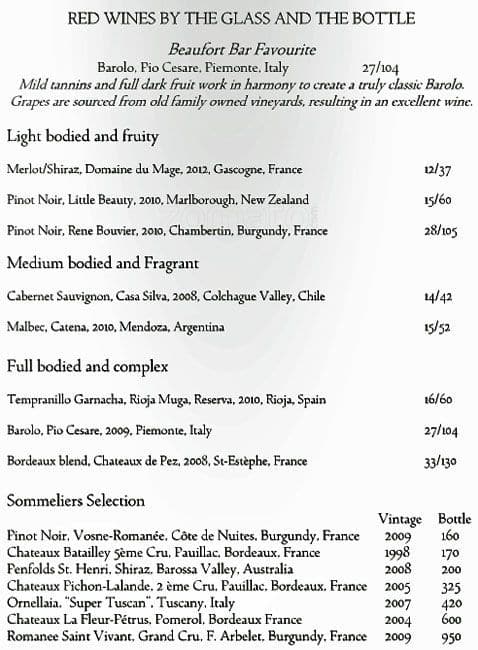 Menu at The Beaufort Bar Savoy hotel, London