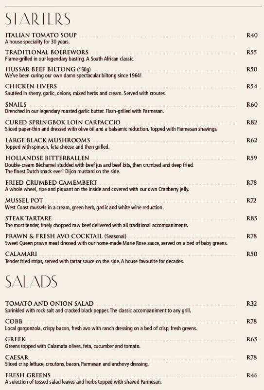 The Hussar Grill Menu, Menu for The Hussar Grill, Rondebosch, Cape Town ...