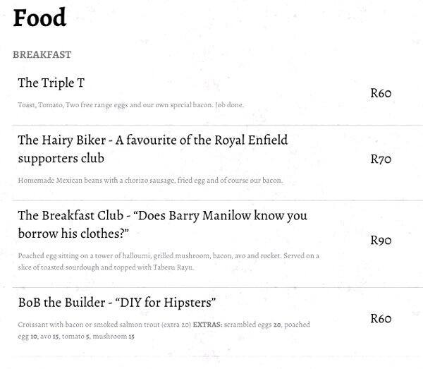 Menu at Bacon on Bree restaurant, Cape Town, 217 Bree St