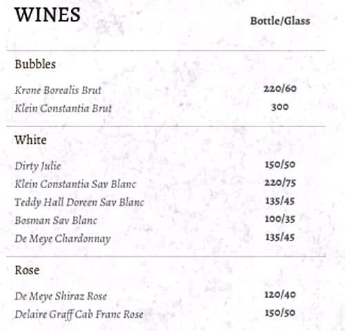 Menu at Bacon on Bree restaurant, Cape Town, 217 Bree St