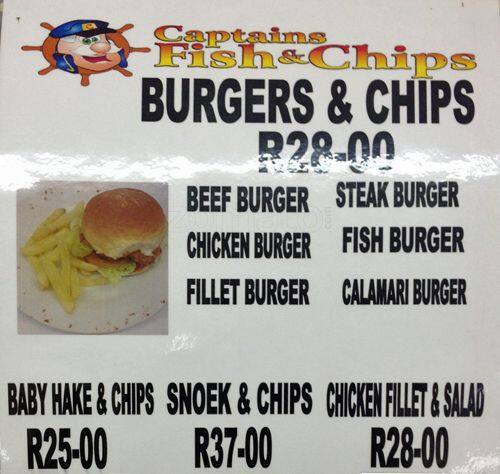 Menu at Captain Fish & Chips restaurant, Johannesburg