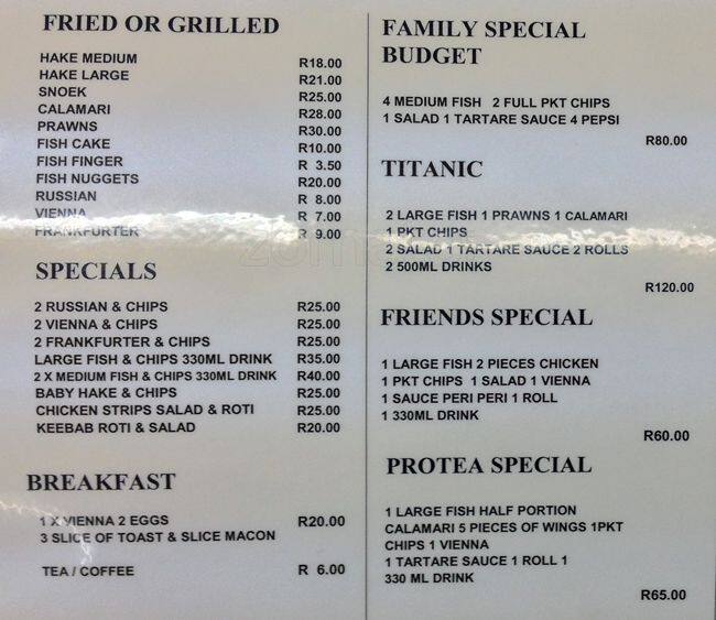 Menu at Captain Fish & Chips restaurant, Johannesburg