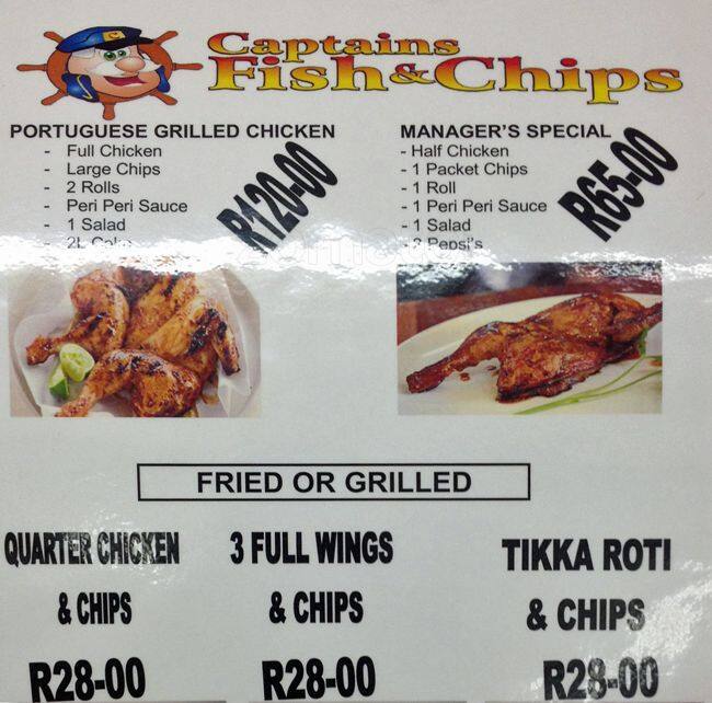 Menu at Captain Fish & Chips restaurant, Johannesburg