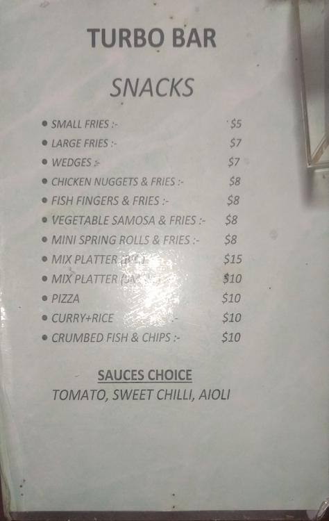 Menu at Turbo Bar, Wellington, 20-32 Rangotai Road