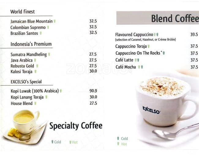 Menu at Excelso cafe, Jakarta, Plaza Indonesia