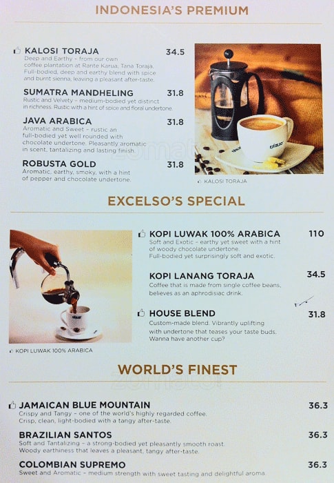 Menu at Excelso cafe, Jakarta, Plaza Indonesia