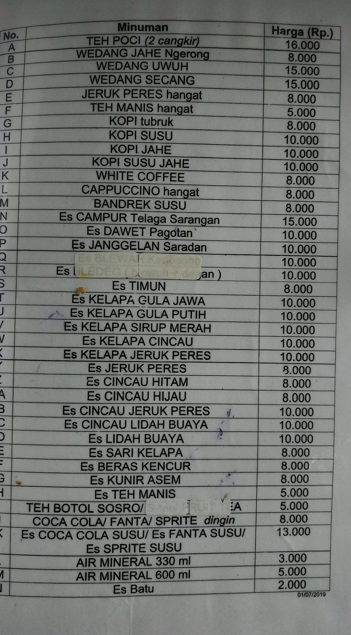 Menu at RM Pondok Minang restaurant, East Jakarta, Komplek Taman Mini ...