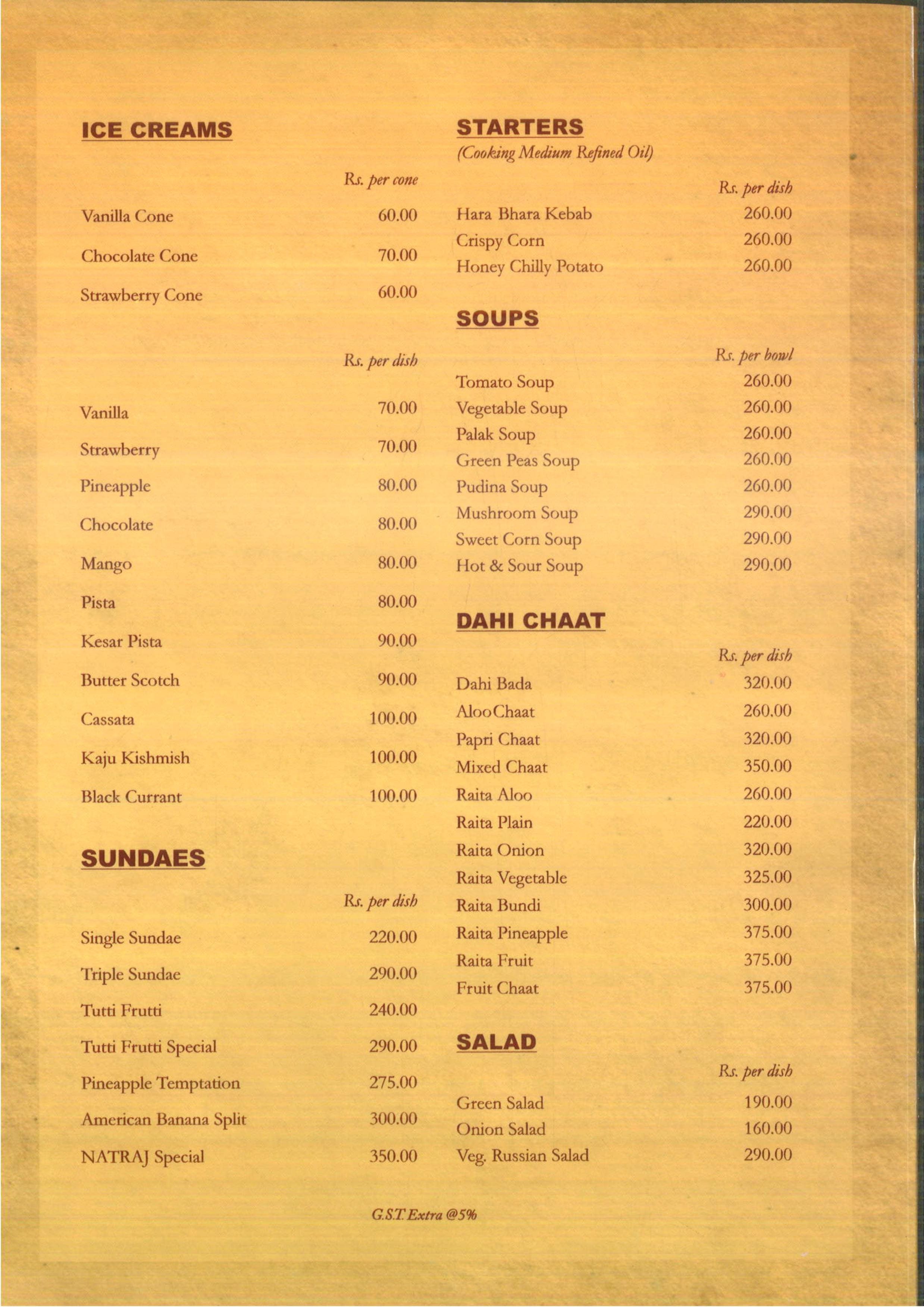 Menu at Natraj Restaurant, Jaipur, Mirza Ismail Rd