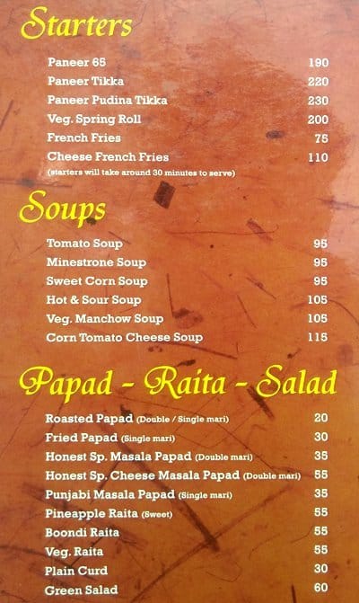 Honest Menu, Menu for Honest, C G Road, Ahmedabad - Zomato