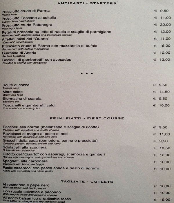 Menu da Il Quarto di Via Ravizza pizzeria, Milano