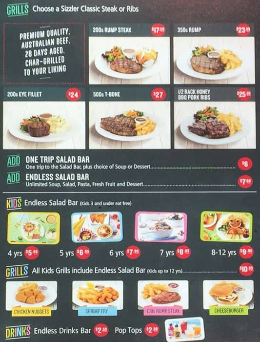Menu at Sizzler restaurant, Bedford, Walter Rd W