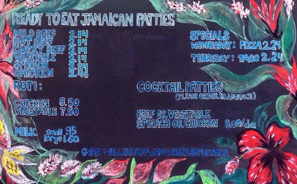 Menu at The Patty Shop fast food, Vancouver