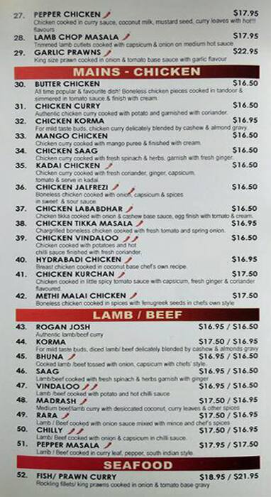 Menu at Subha Sandhya restaurant, Lyndhurst
