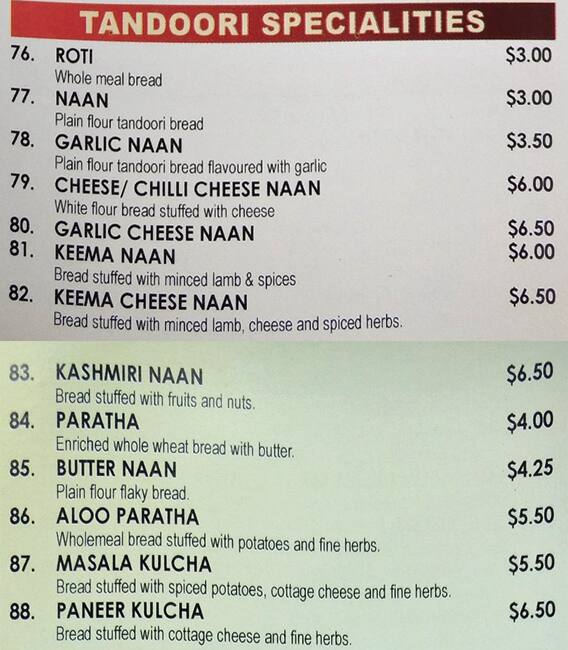 Menu at Subha Sandhya restaurant, Lyndhurst