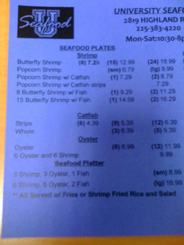 Menu at University Seafood restaurant, Baton Rouge