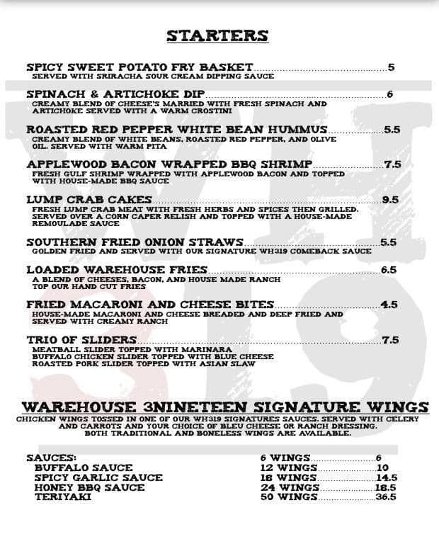 Menu at Warehouse 319 restaurant, Jasper