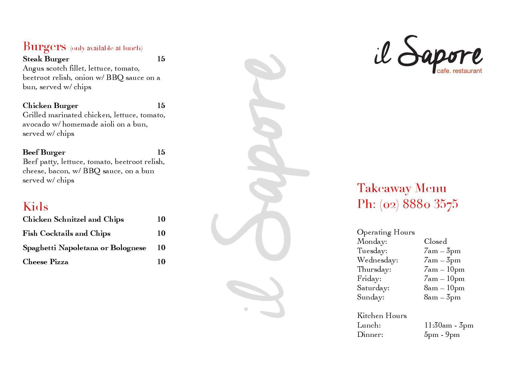 Menu at Il Sapore restaurant, Gregory Hills