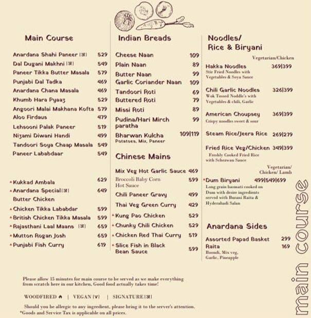 Menu at Anardana Chandigarh, Chandigarh
