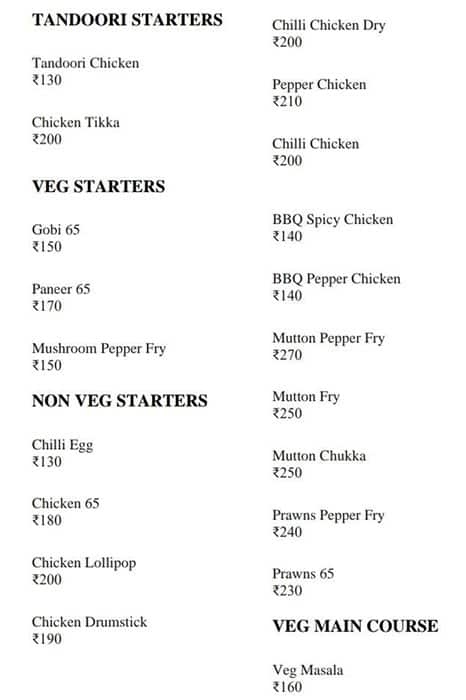 Menu of Atti Time, Velachery, Chennai