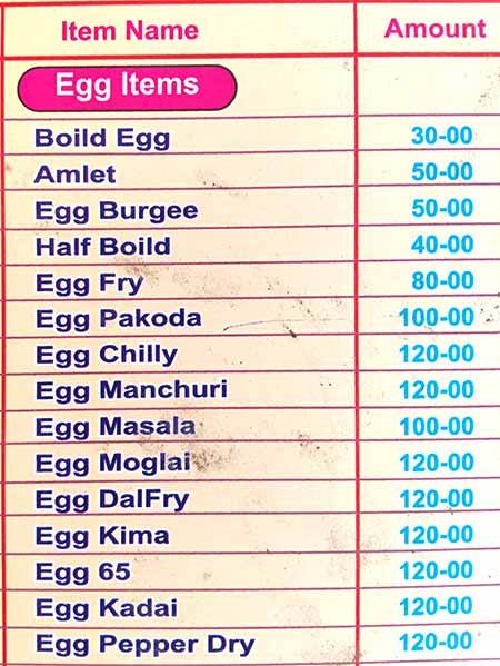 Menu of Sri Srinivasa Comfort, Tumkur Locality, Tumkur