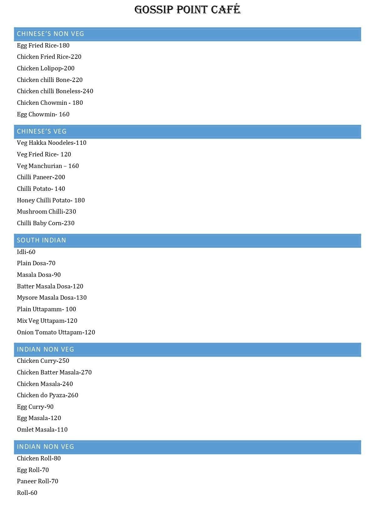 Menu at Gossip Point Cafe, Patna