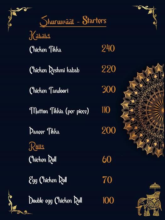 Menu of Royal Mughal Darbar, Uttarpara, Kolkata