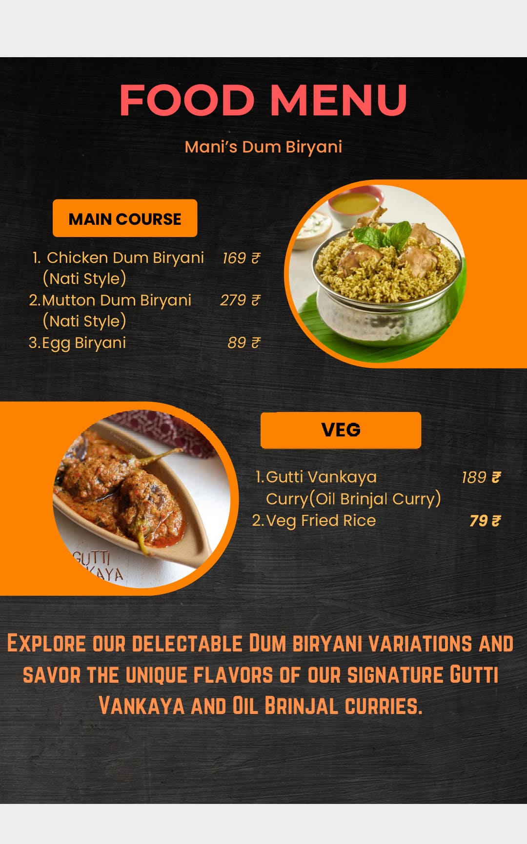 Menu of Mani's Dum Biryani, Hoskote, Bangalore