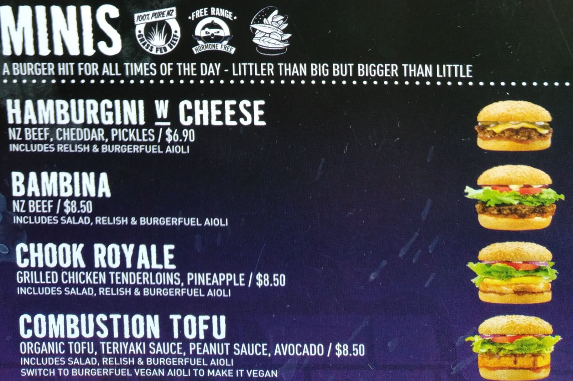 Menu at BurgerFuel fast food, Hastings