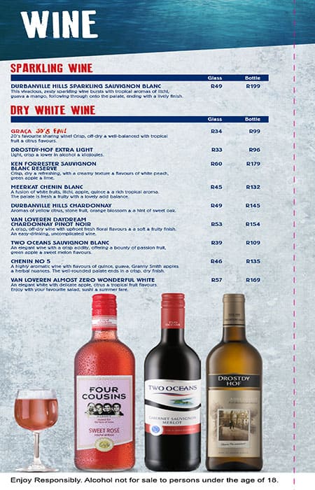 Menu at Bluff Towers John Dory's restaurant, Durban