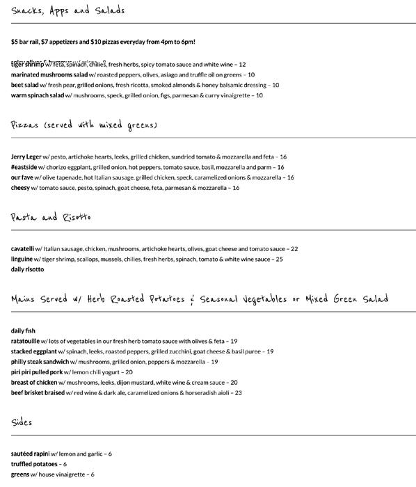 Menu at Leslie Jones restaurant, Toronto