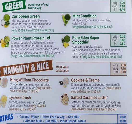 Menu at Boost Juice pub & bar, Sydney, 10K1/644 George Street