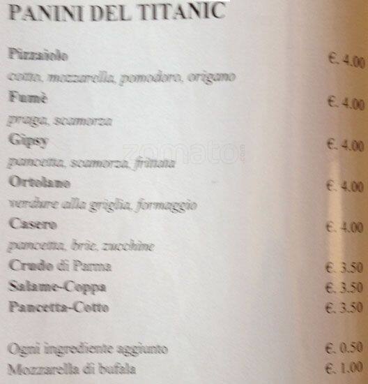 Menu au Titanic Bar, Milan, Viale Monte Nero