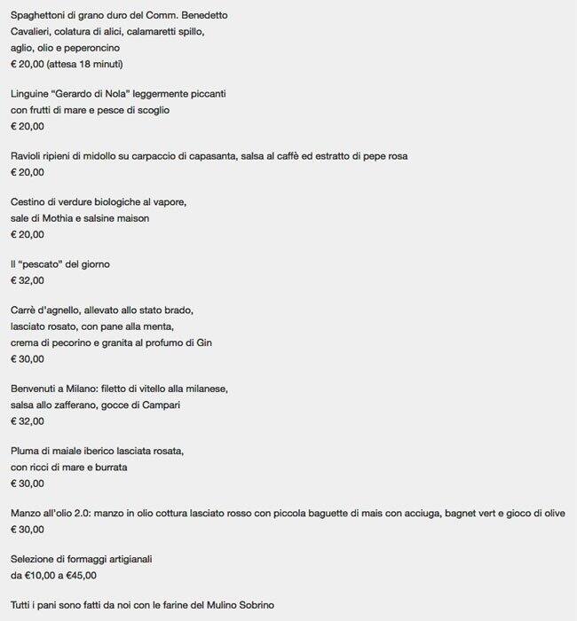 Menu at Al Pont de Ferr restaurant, Milan
