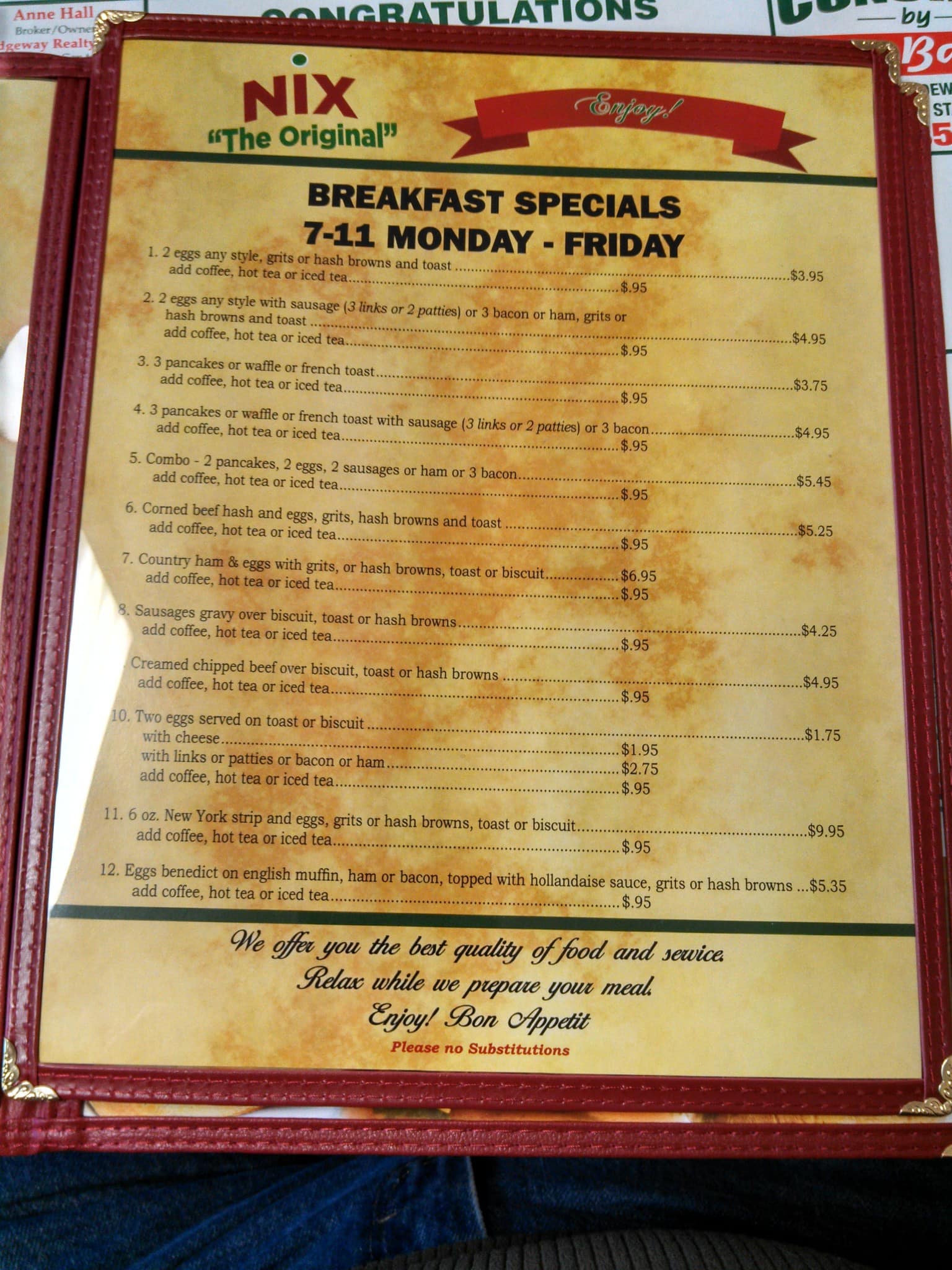 Menu at Nix restaurant, Chesapeake