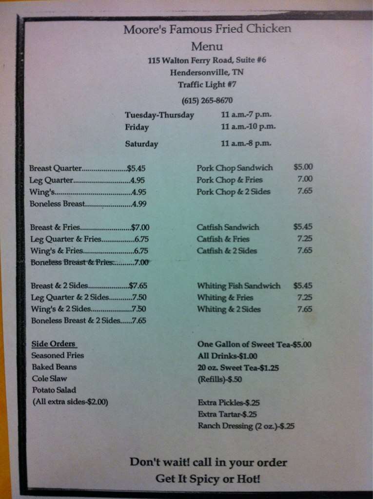 Menu at Moore's Spicy Fried Chicken restaurant, Hendersonville