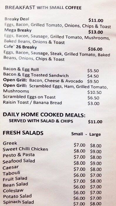 Menu at Cafe 26, Arndell Park